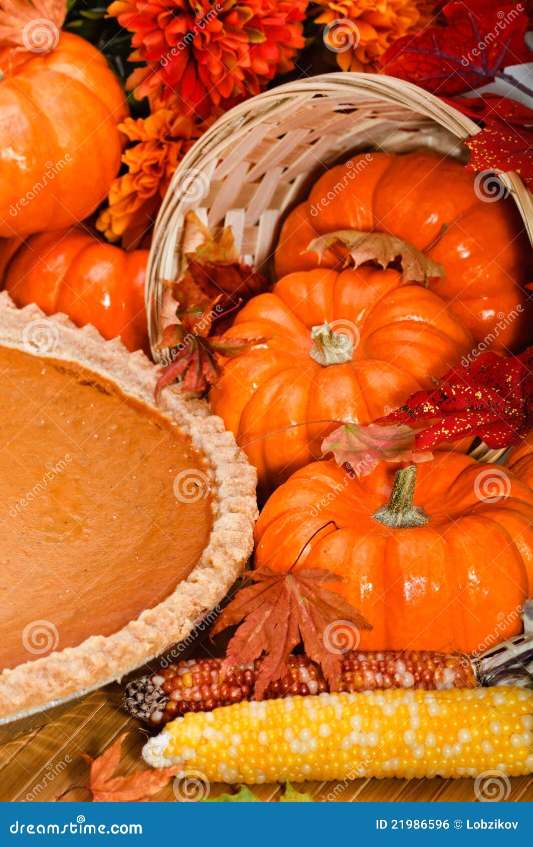 Pumpkin Pie with Autumn Leaves and Pumpkins. Stock Photo - Image of ...