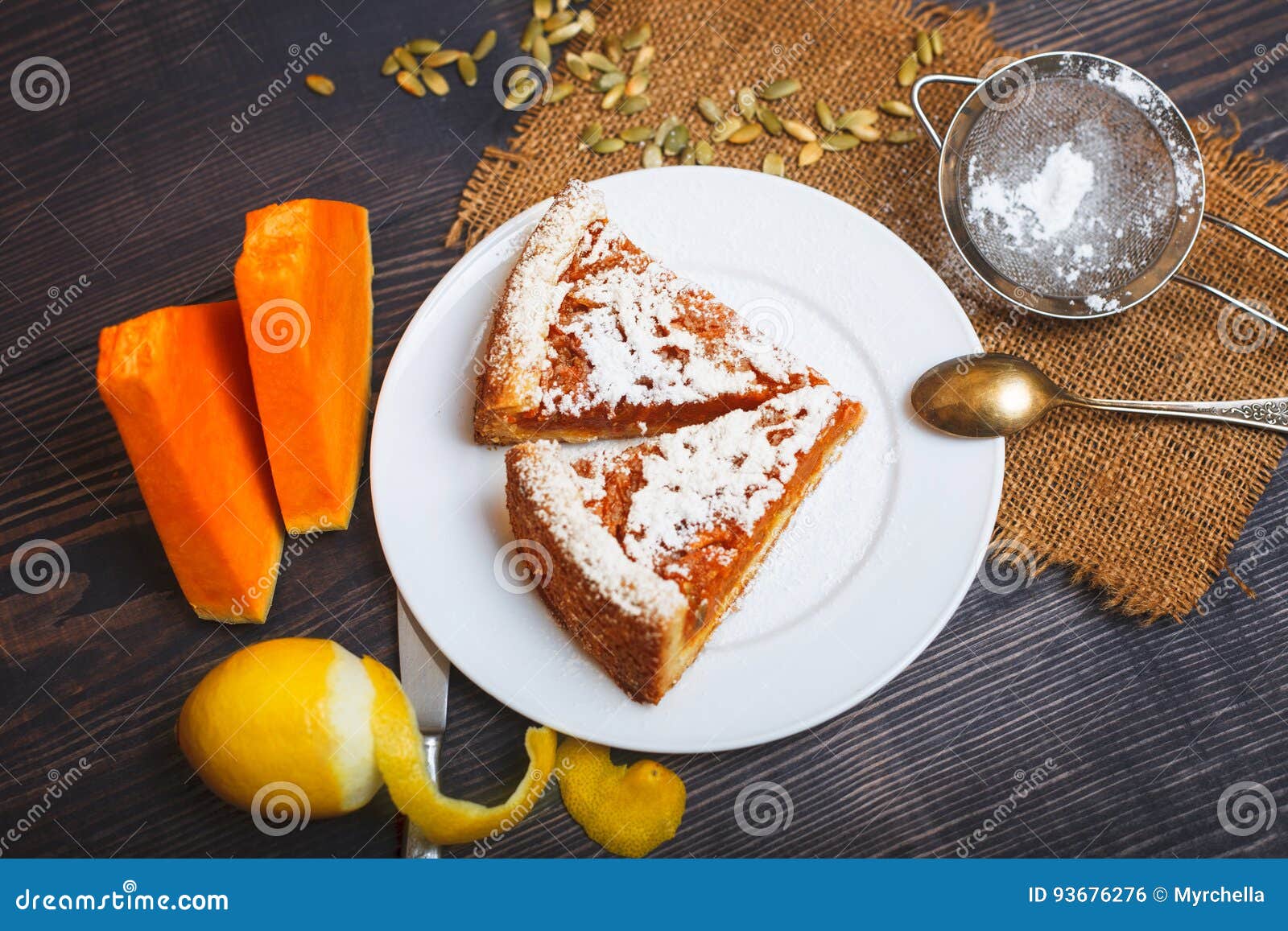 Pumpkin Pie with Powdered Sugar Stock Photo - Image of festive, close ...