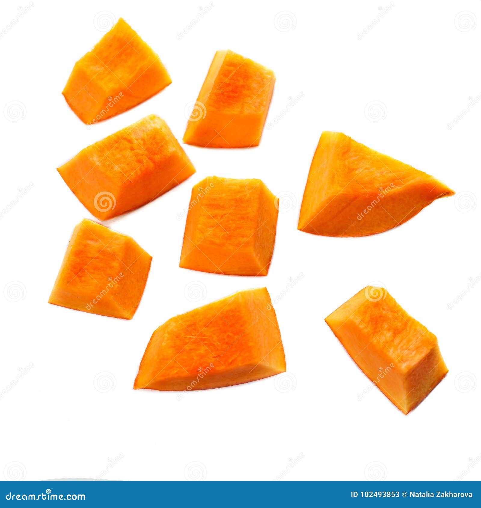 Pumpkin Pieces Cut in a Cube Slice Isolated on White Background Stock ...