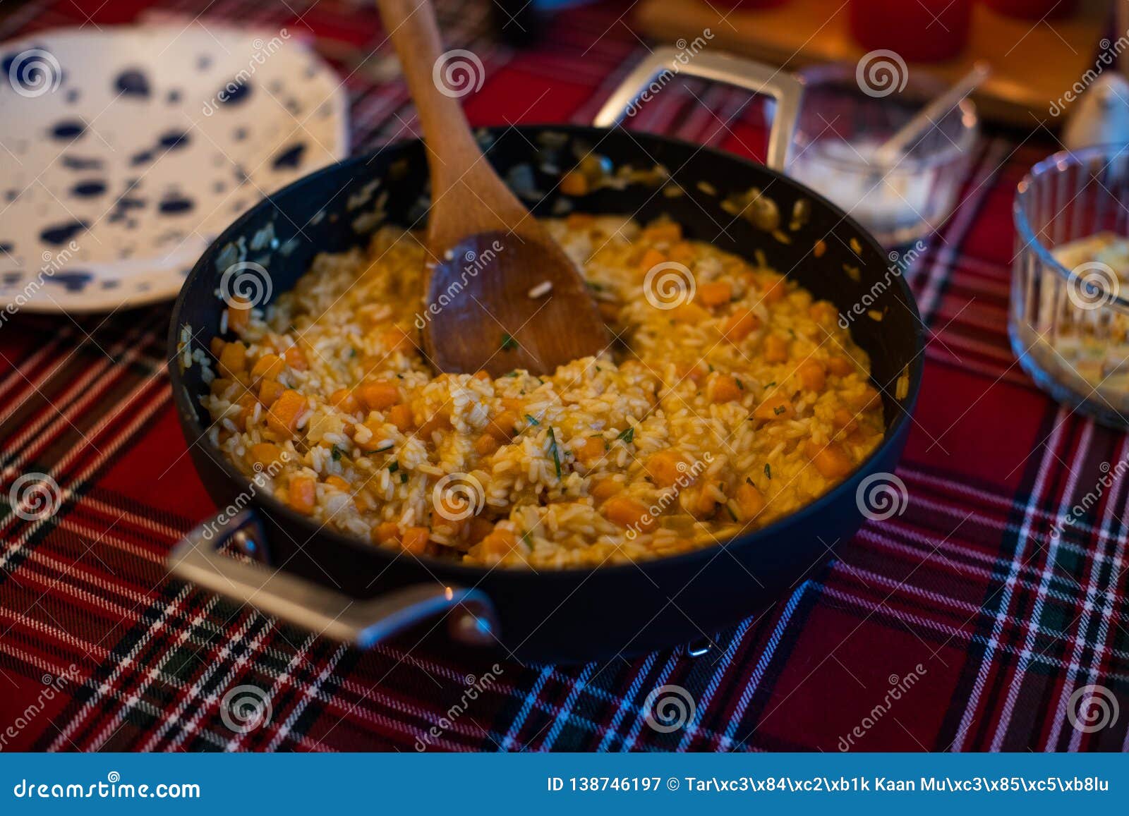 Pumpkin Risotto Served with Pan on Dining Table Stock Image - Image of ...
