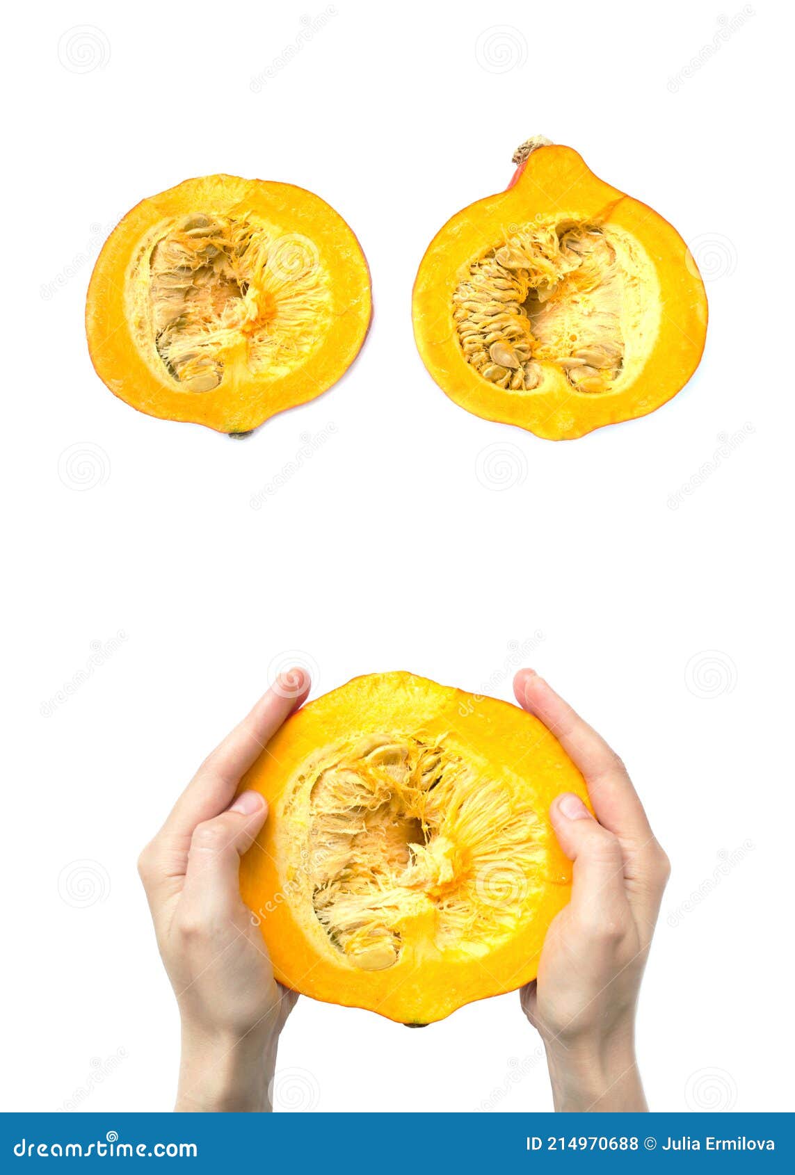 Set of Pumpkin Cut in Half. Half Pumpkin in Hands on White Background ...
