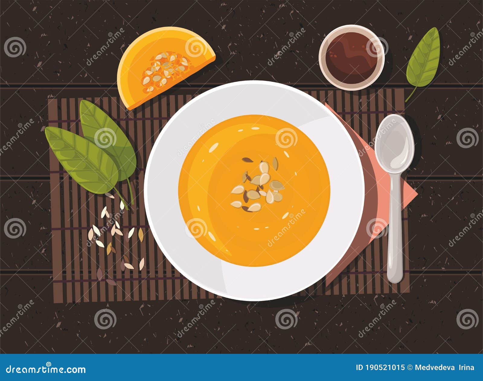 Pumpkin Soup with Spoon on Table. Top View Stock Vector - Illustration ...
