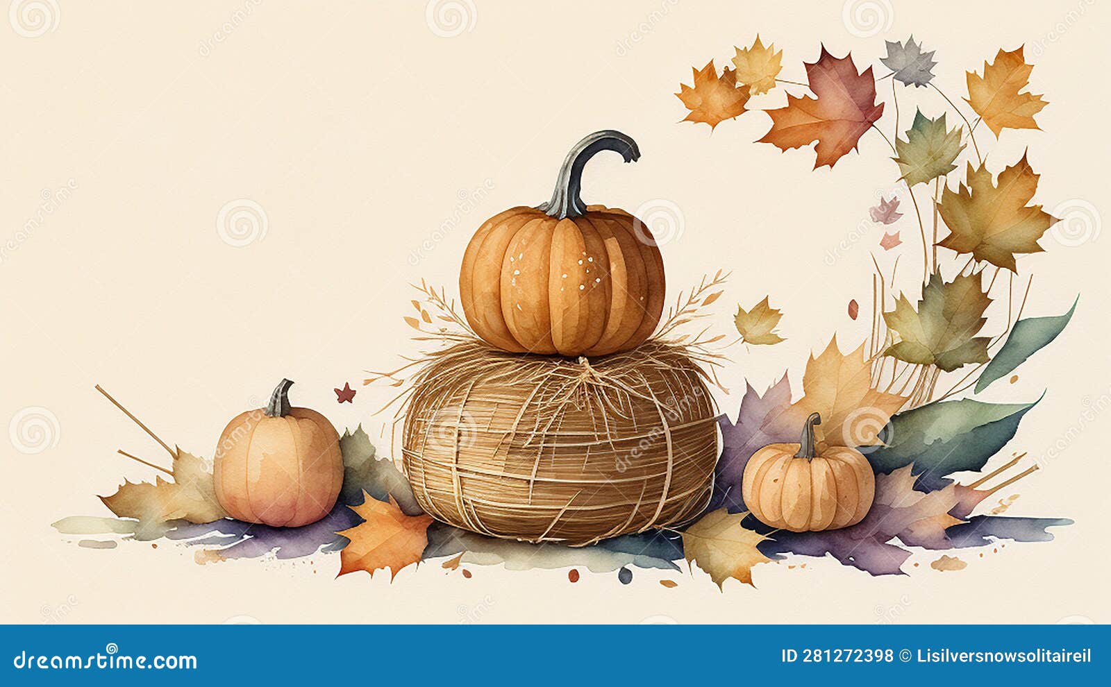 Pumpkin with Straw Stack and Maple Leaf. Watercolor Painting. Paper ...