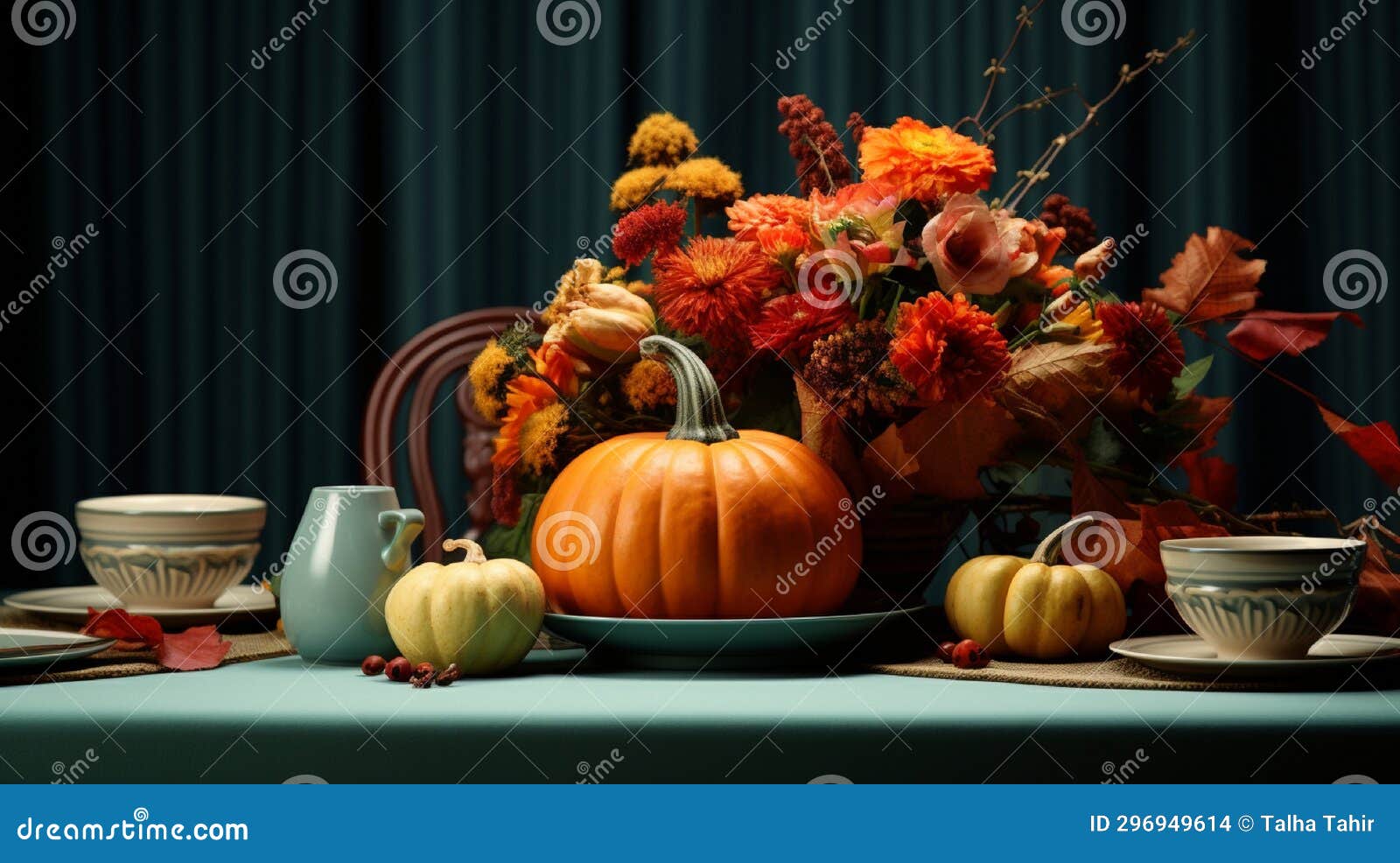 Pumpkin-themed Centerpiece on a Dining Table Stock Illustration ...