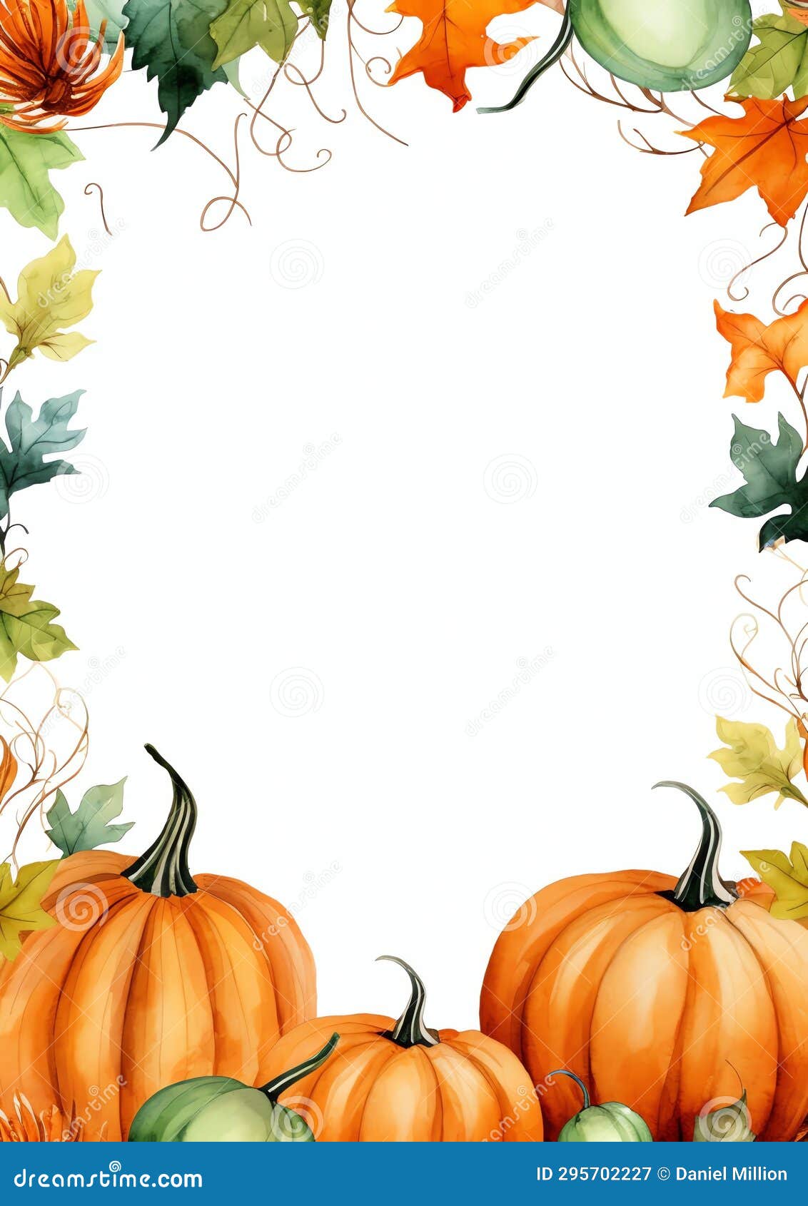 Pumpkin Vines and Leaves Watercolor Border Frame Stock Illustration ...