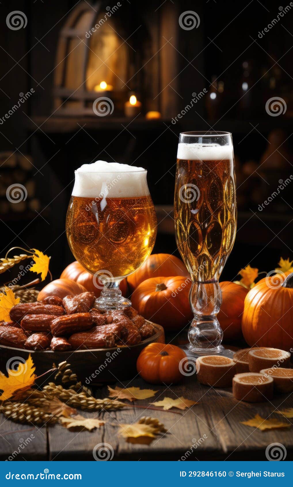 Pumpkins, Beer and Other Fall Decorations on a Table, AI Stock Photo ...