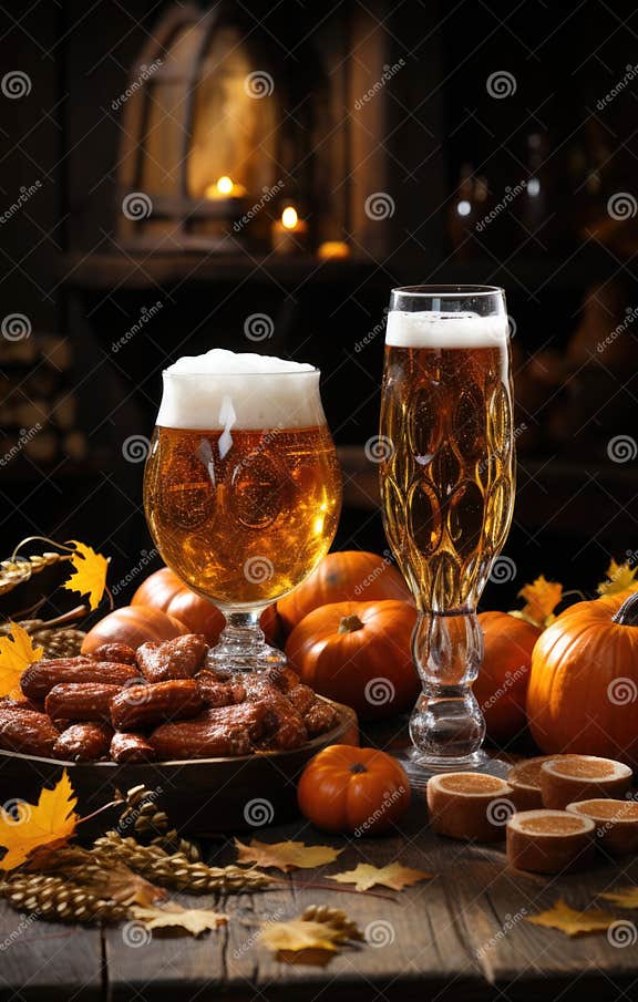 Pumpkins, Beer and Other Fall Decorations on a Table, AI Stock Photo ...