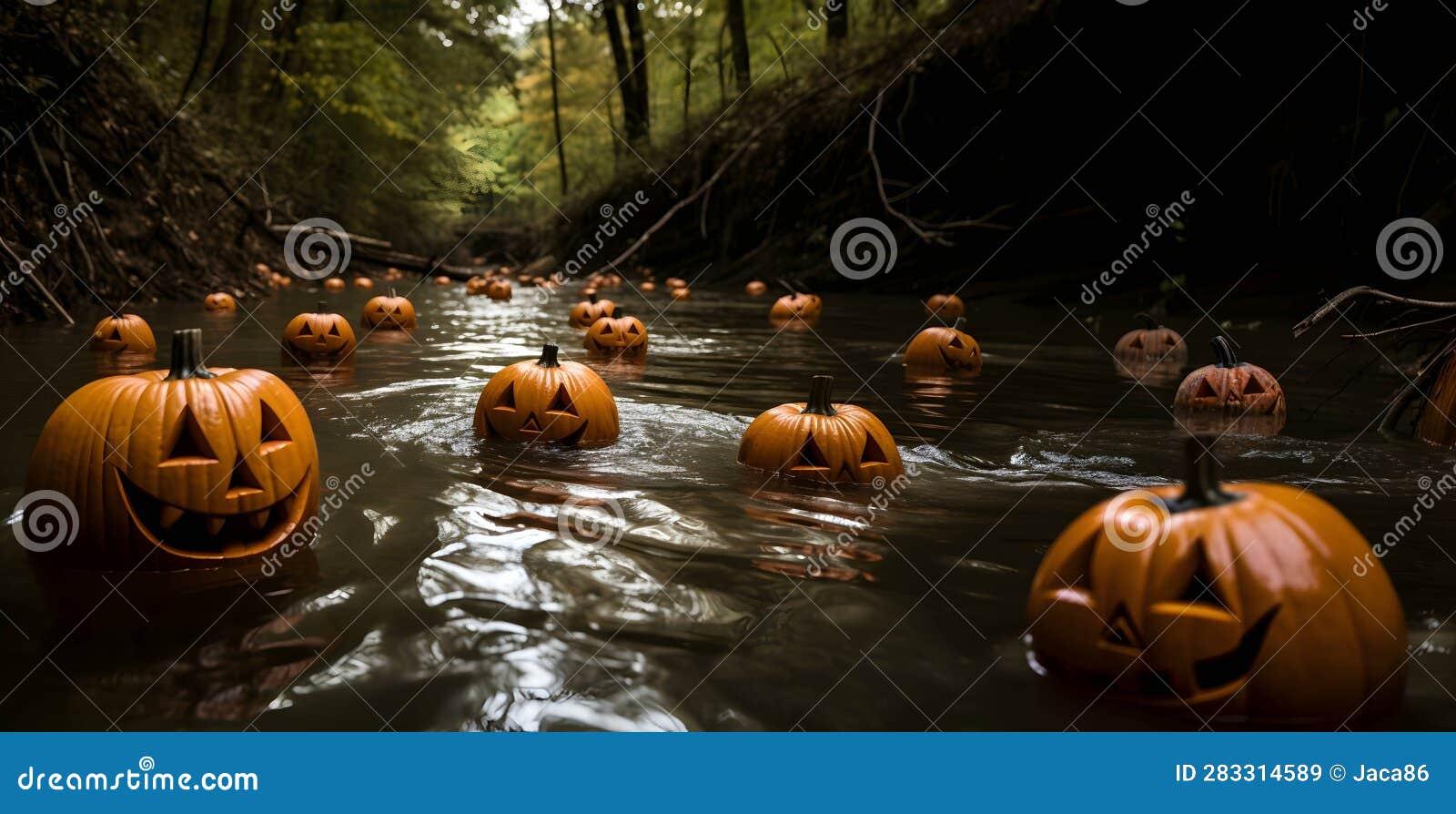 Pumpkins Floating in the River on a Halloween, Scene of the River Going ...