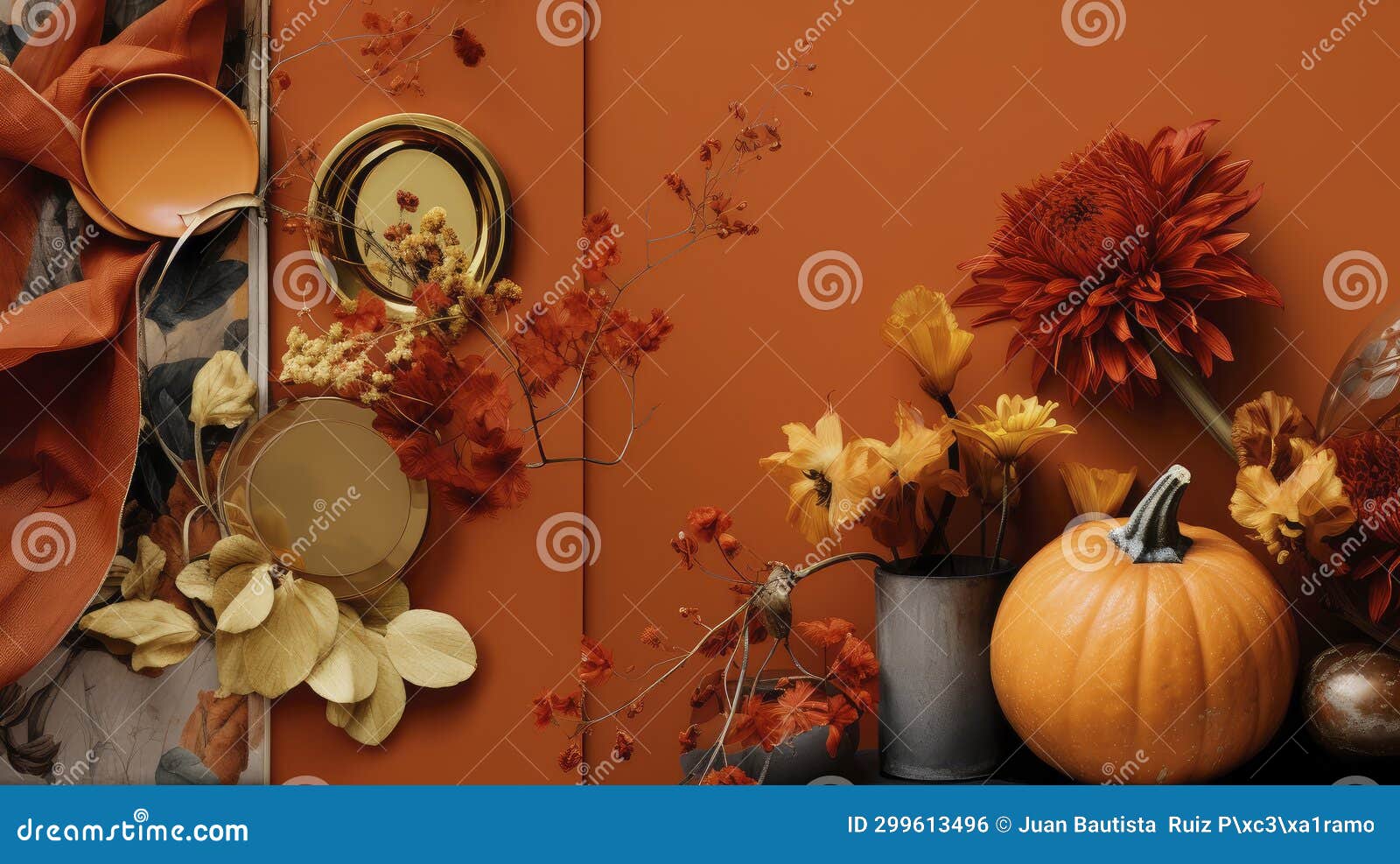 Pumpkins and Flowers with Spices on Earth Tone Backdrop. Stock Photo ...
