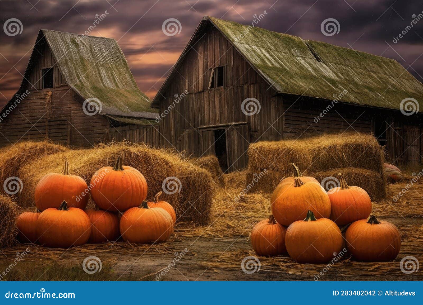 Pumpkins on Haystacks with a Rustic Barn Background Stock Illustration ...