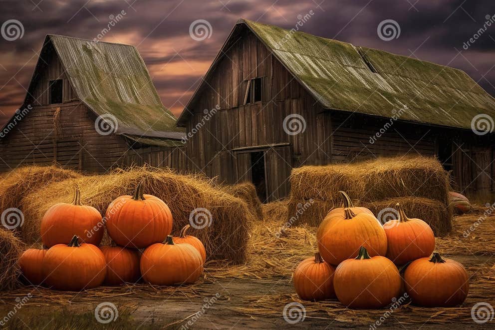 Pumpkins on Haystacks with a Rustic Barn Background Stock Illustration - Illustration of ...