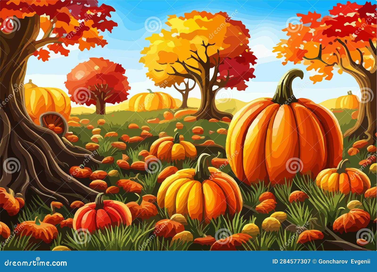 Pumpkins Lie on the Ground Under a Tree Against the Backdrop of an ...