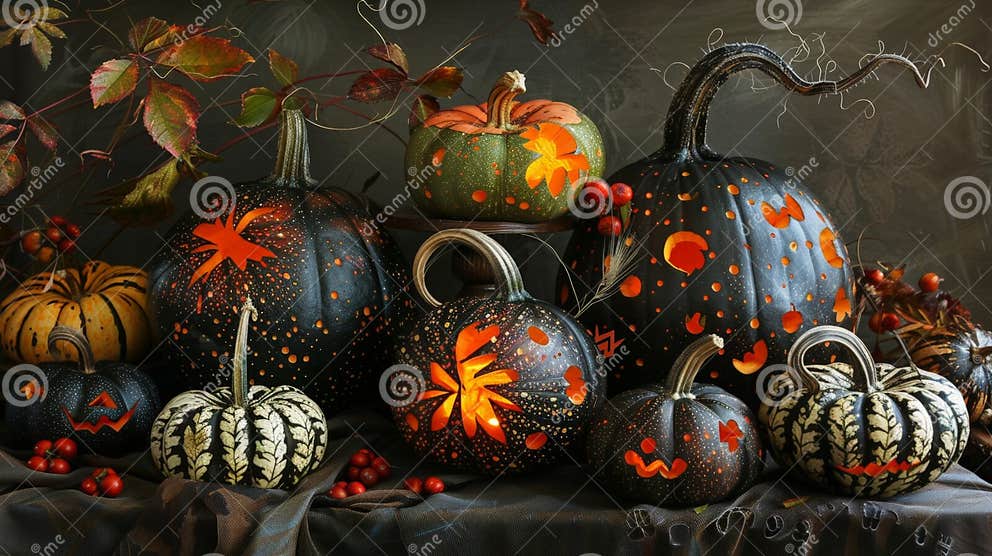 Pumpkins Painted Assorted Designs Stock Photo - Image of displayed ...