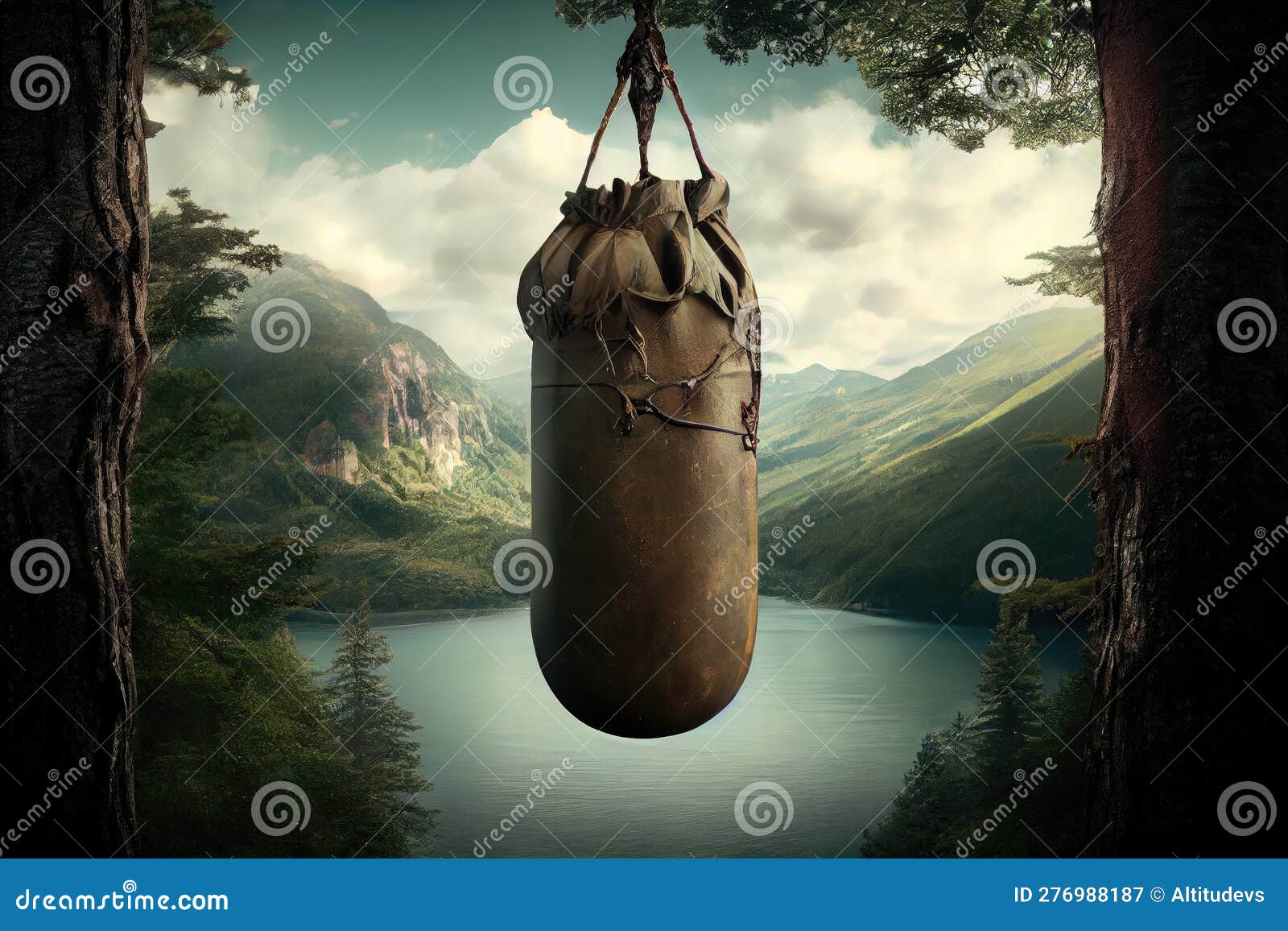 Punching Bag Dangled from Tree Branch, with View of Scenic Forest Stock ...