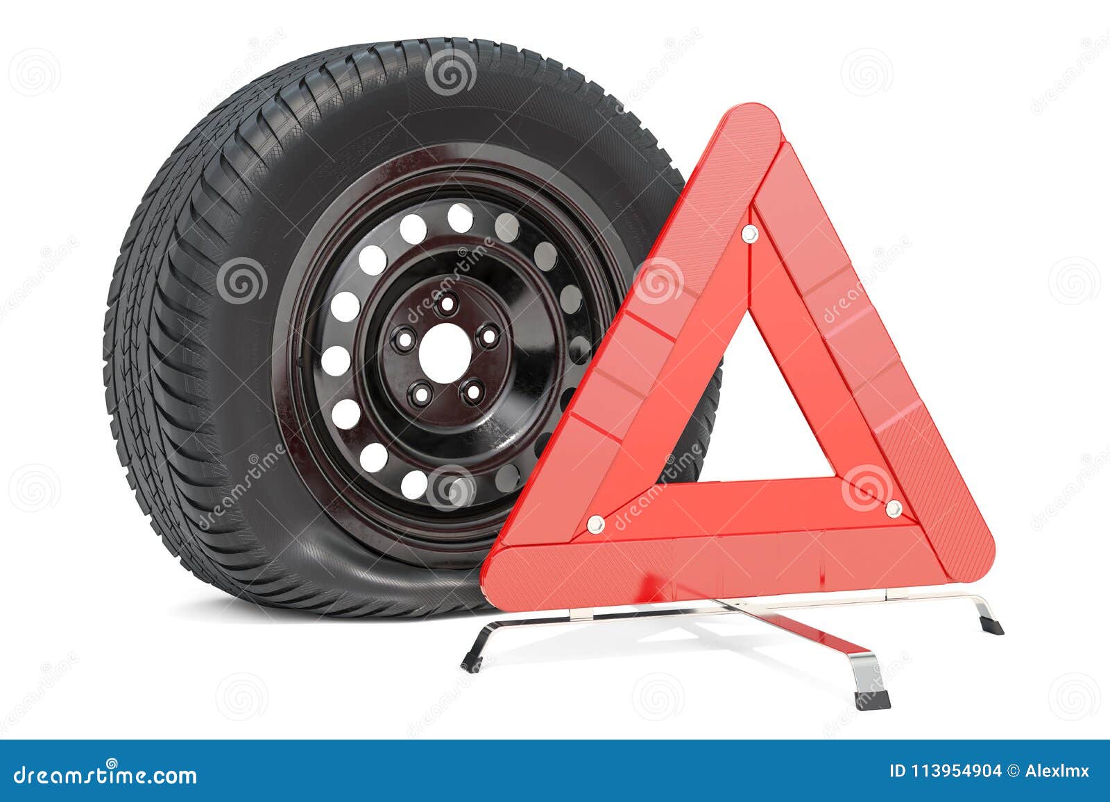 Punctured Car Wheel with Emergency Warning Triangle. 3D Rendering Stock ...