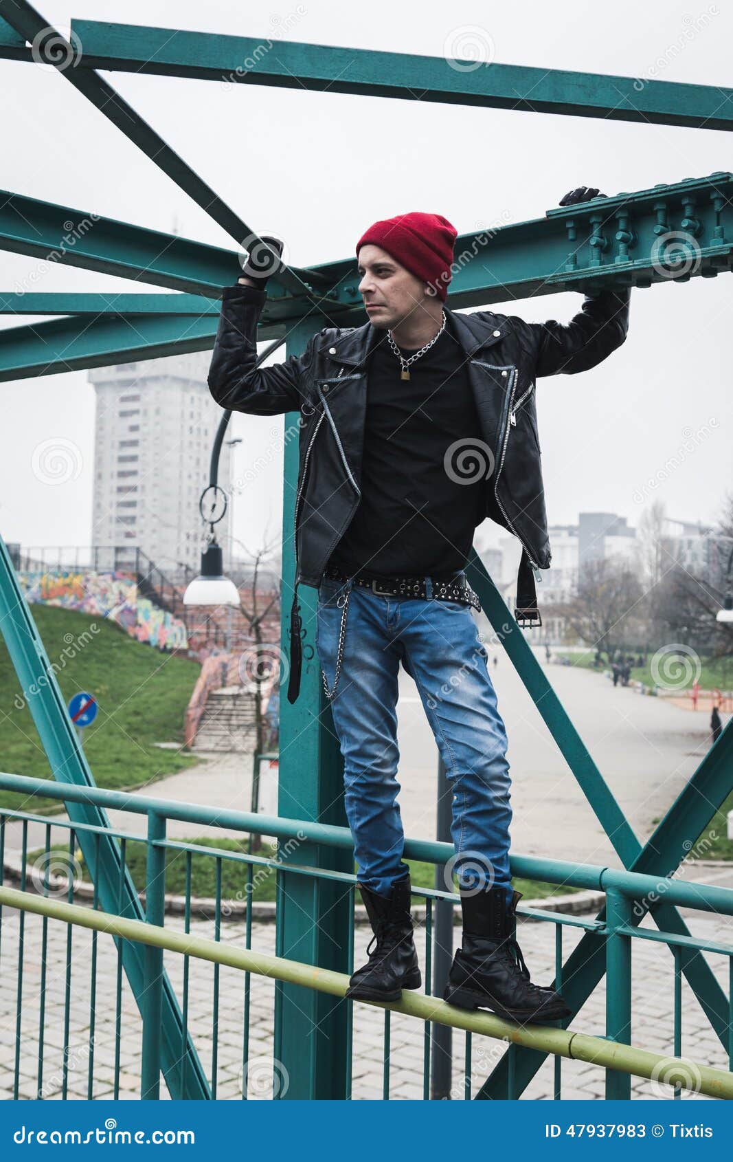 Punk Guy Standing on a Bridge Stock Image - Image of biker, boots: 47937983