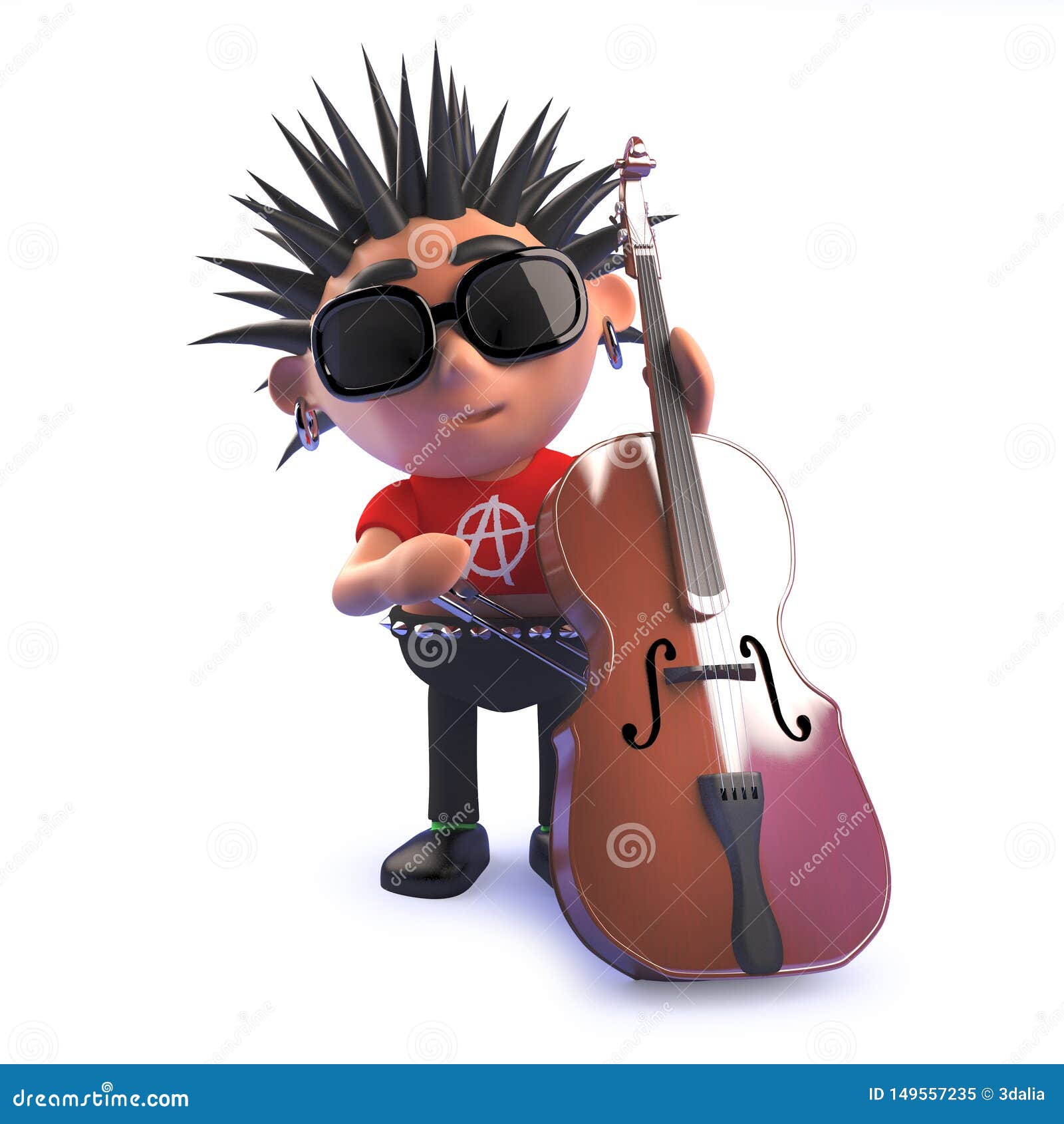 Punk Rocker Cartoon Character In 3d Playing A Double Bass Guitar Stock Illustration