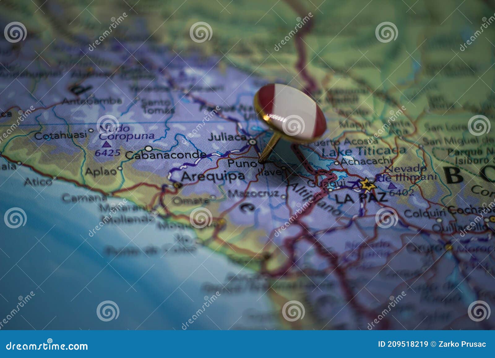 Puno Pinned on a Map with the Flag of Peru Stock Image - Image of focus ...