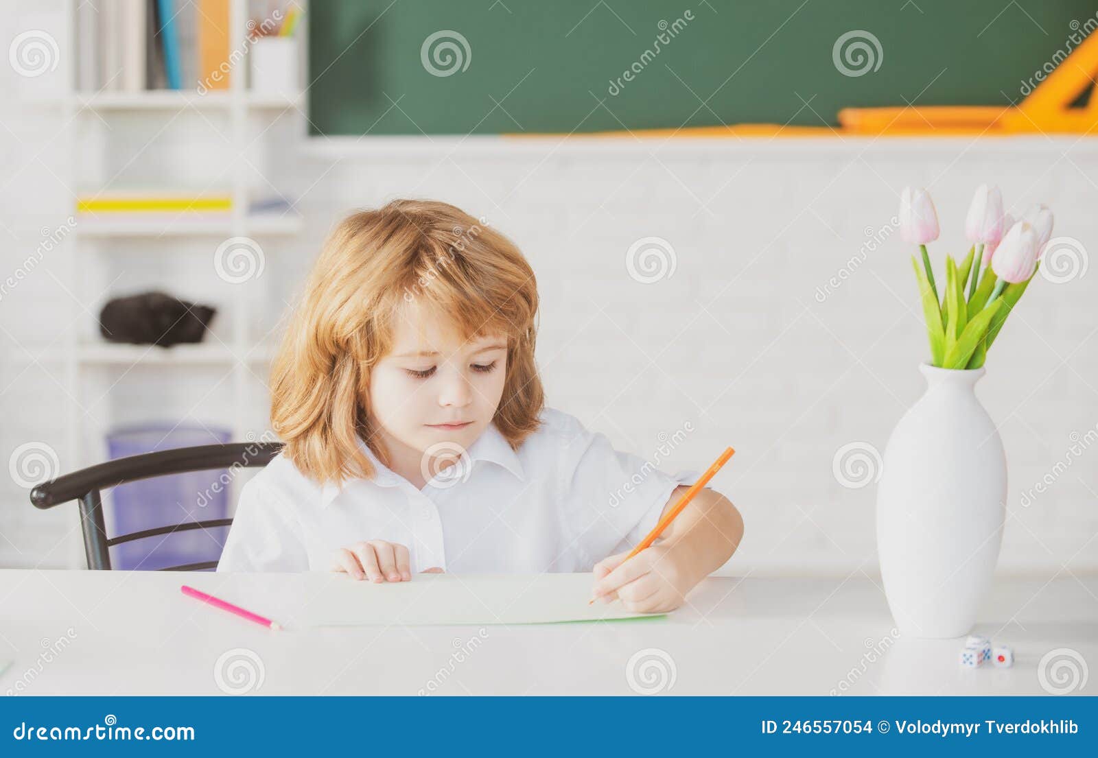 Pupil Doing Lessons at Home. School Kid Writing Something in Copybook ...
