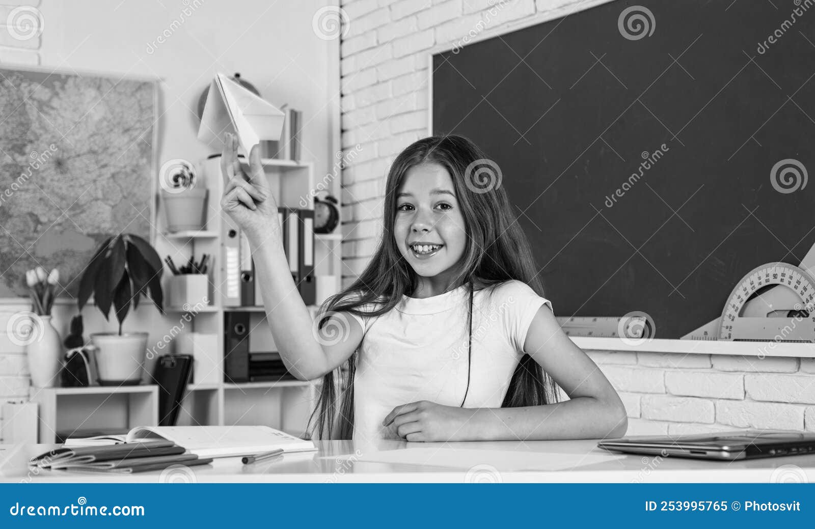 Pupil Girl Study at School in Workplace Classroom, Learning Stock Image ...