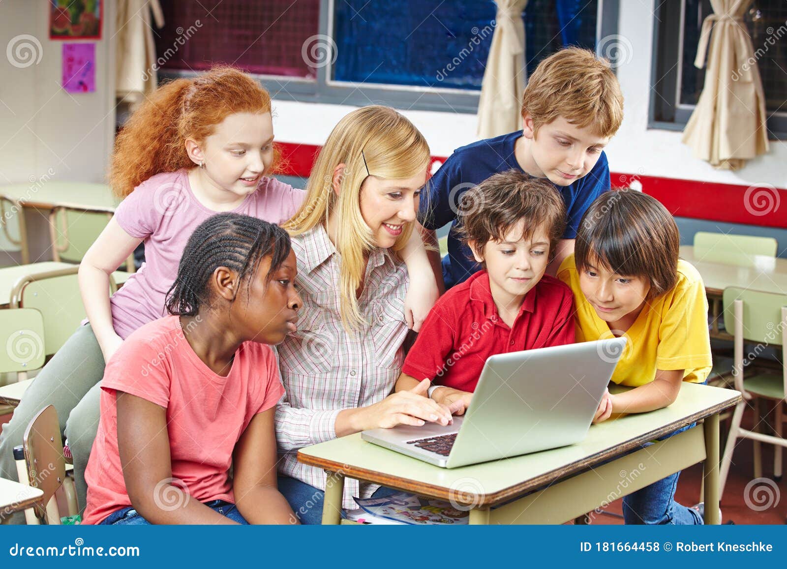 Pupil and Teacher with Laptop on the Internet Stock Photo - Image of ...