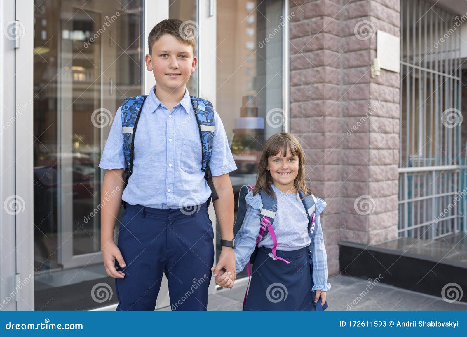 Pupils with Backpacks of Elementary School Outdoors. Start of Classes ...