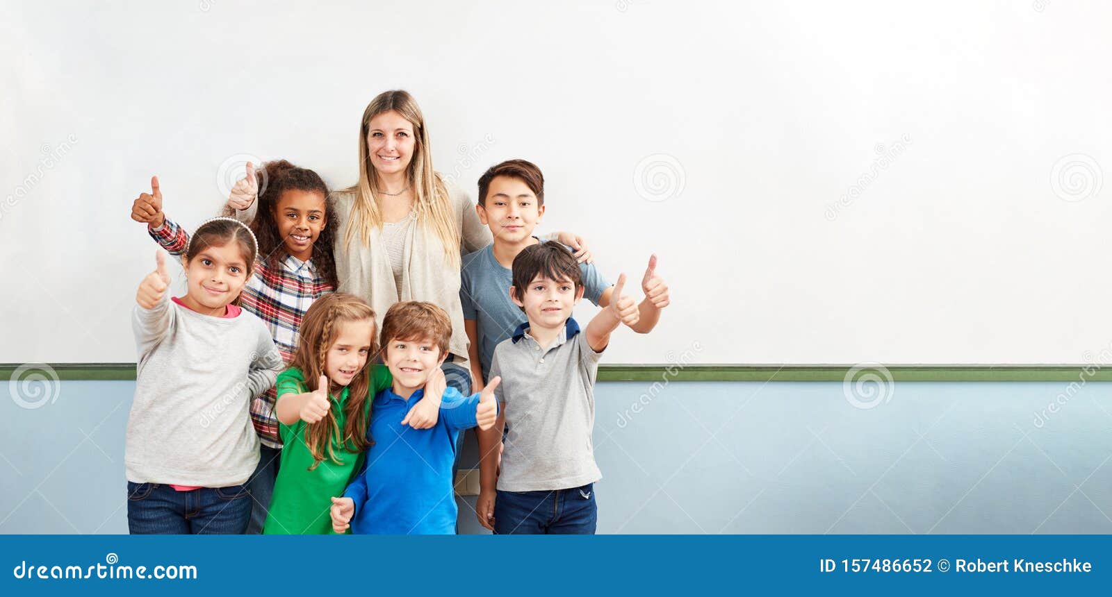 Pupils of a Class with Teacher Keep Thumbs Up Stock Photo - Image of ...