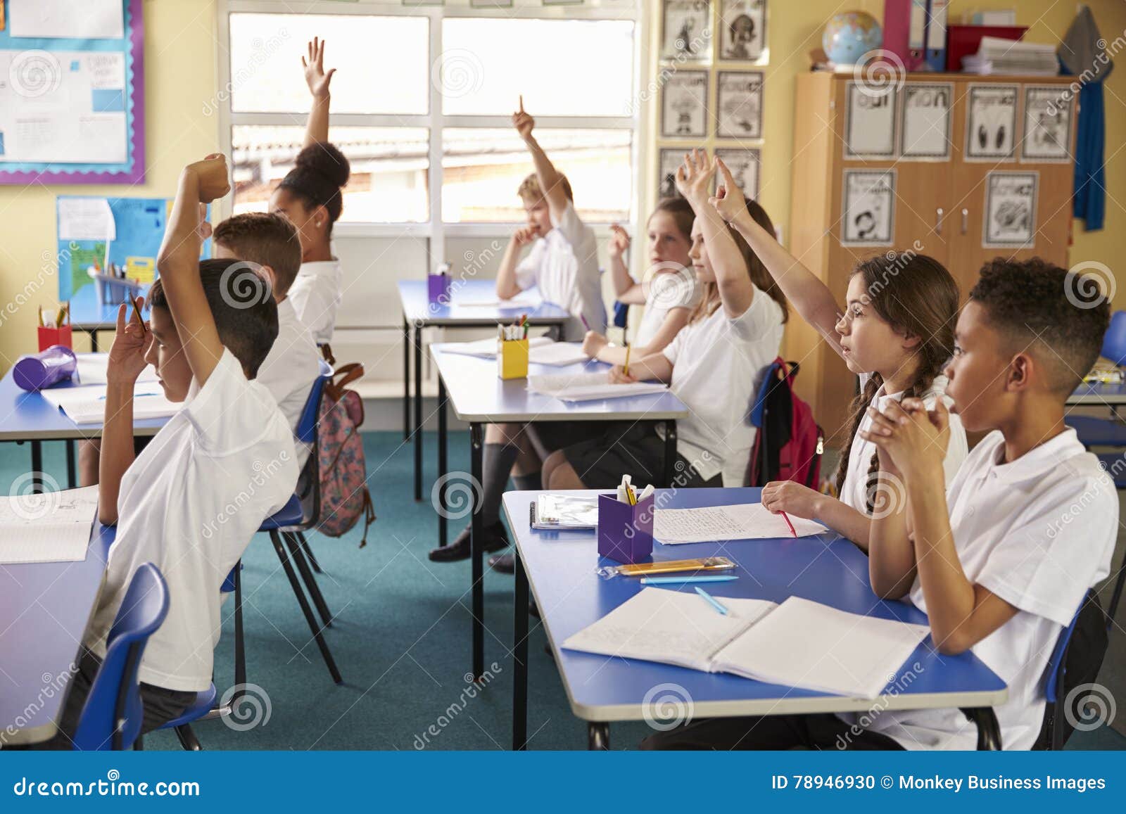 Pupils Raise Hands in a Lesson at Primary School, Side View Stock Photo ...