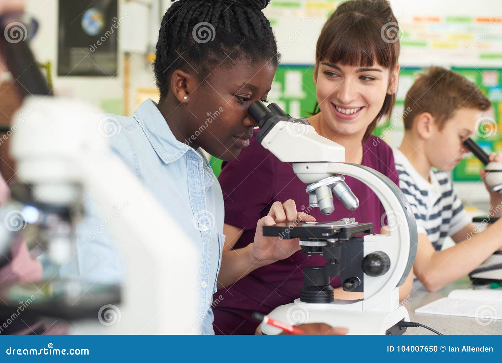 Group of Pupils with Teacher Using Microscopes in Science Class Stock ...