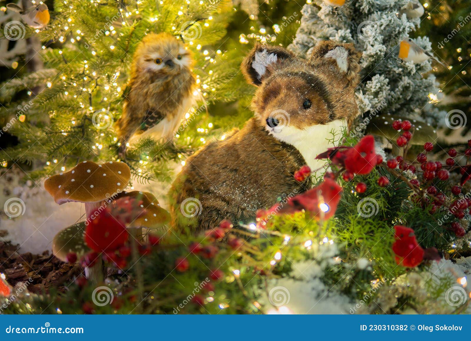 Puppet Fox Sit in a Fairy Snowy Forest. Christmas Installation Stock ...