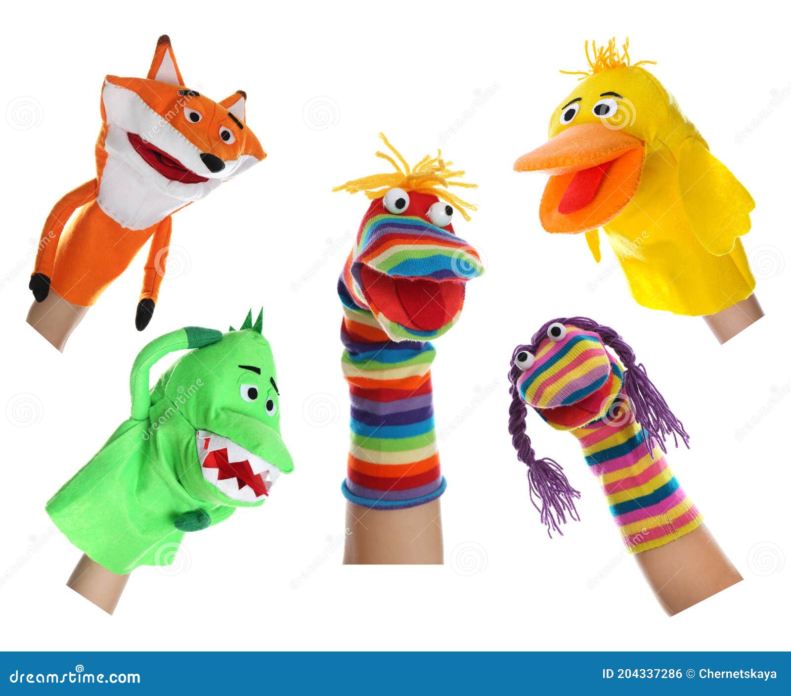 Puppet Show. Collage with Photos of Different Dolls on Hands Against ...