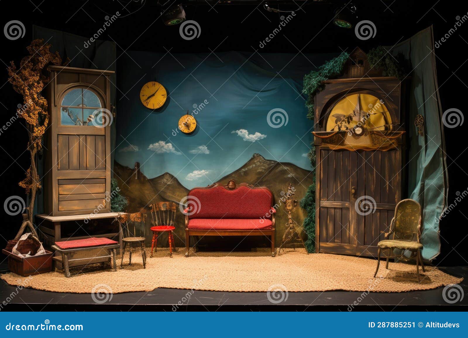 Puppet Stage Set with Miniature Props and Backdrops Stock Illustration ...