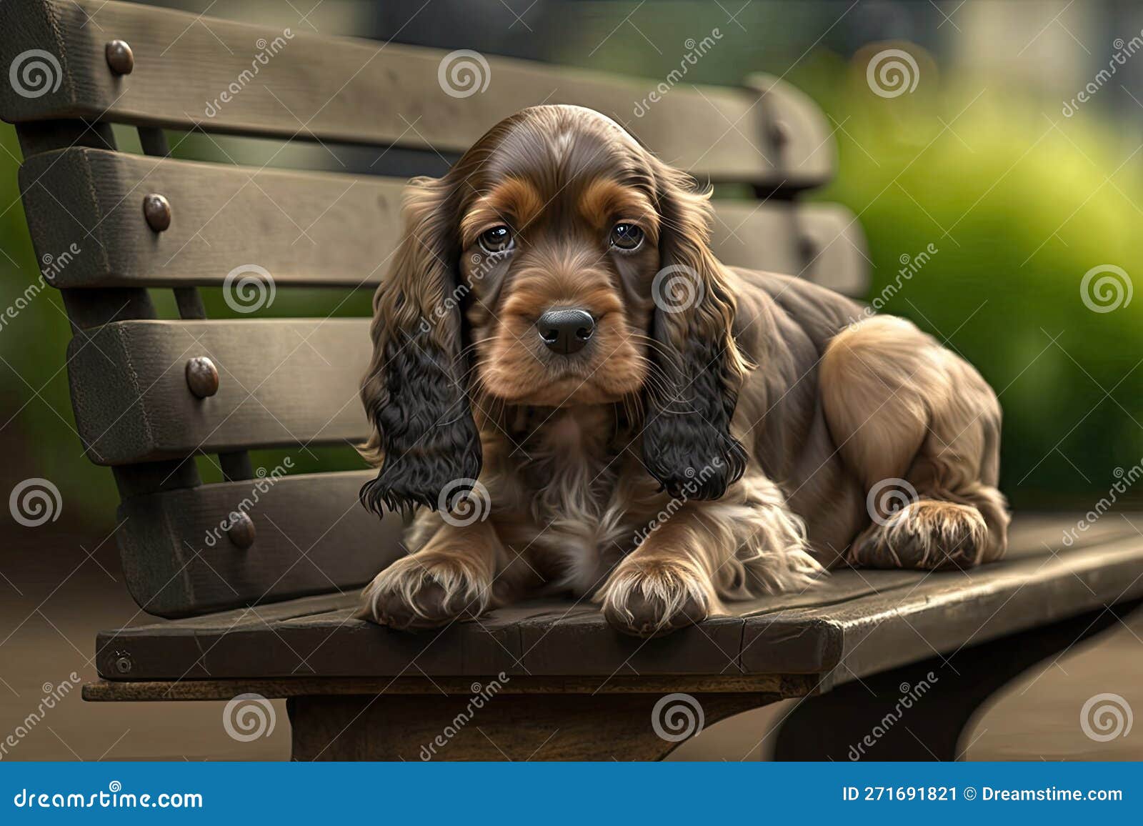 Puppy English Cocker Spaniel Resting on a Park Bench Stock Illustration ...