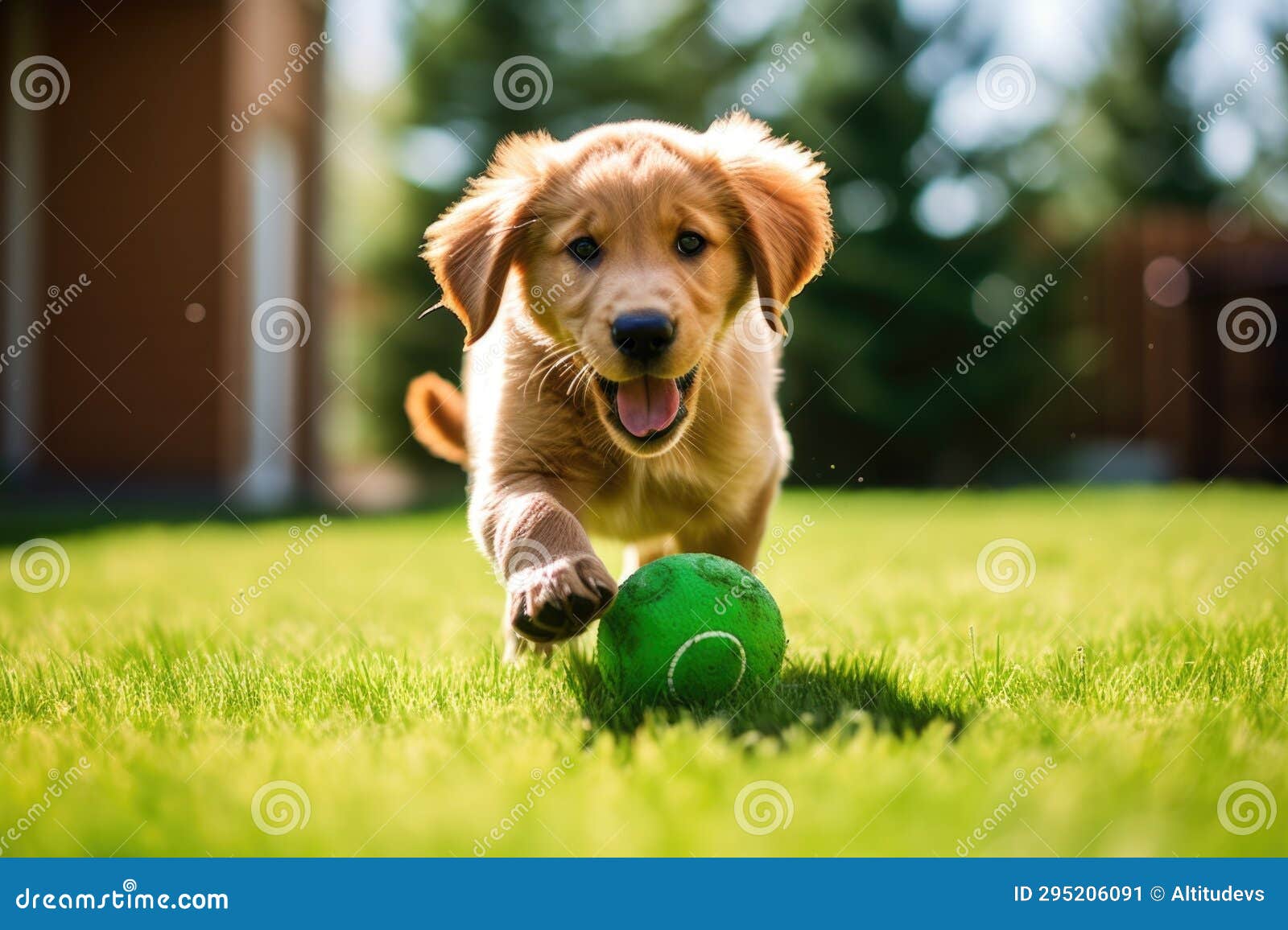 Puppy Fetching a Ball in a Green Lawn Stock Image - Image of playtime ...