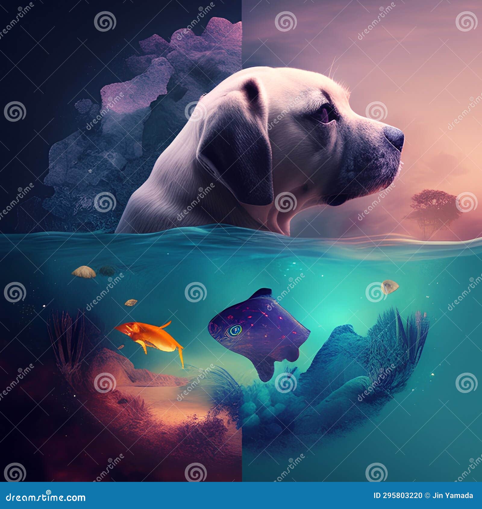 Puppy and Fish Swimming in the Sea. Collage Stock Illustration ...