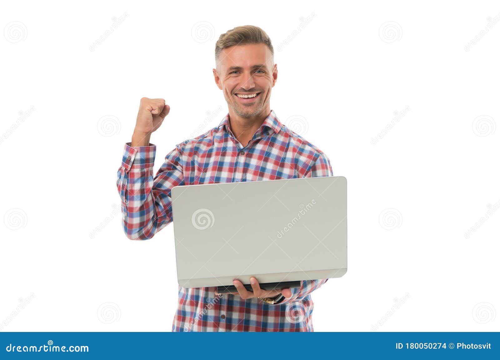Pure Success. Handsome Man Hold Laptop Isolated on White. Laptop ...