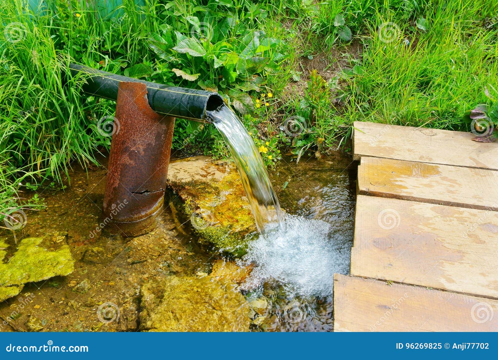 Pure Water Flows from the Pipe Stock Image - Image of steel, springtime ...