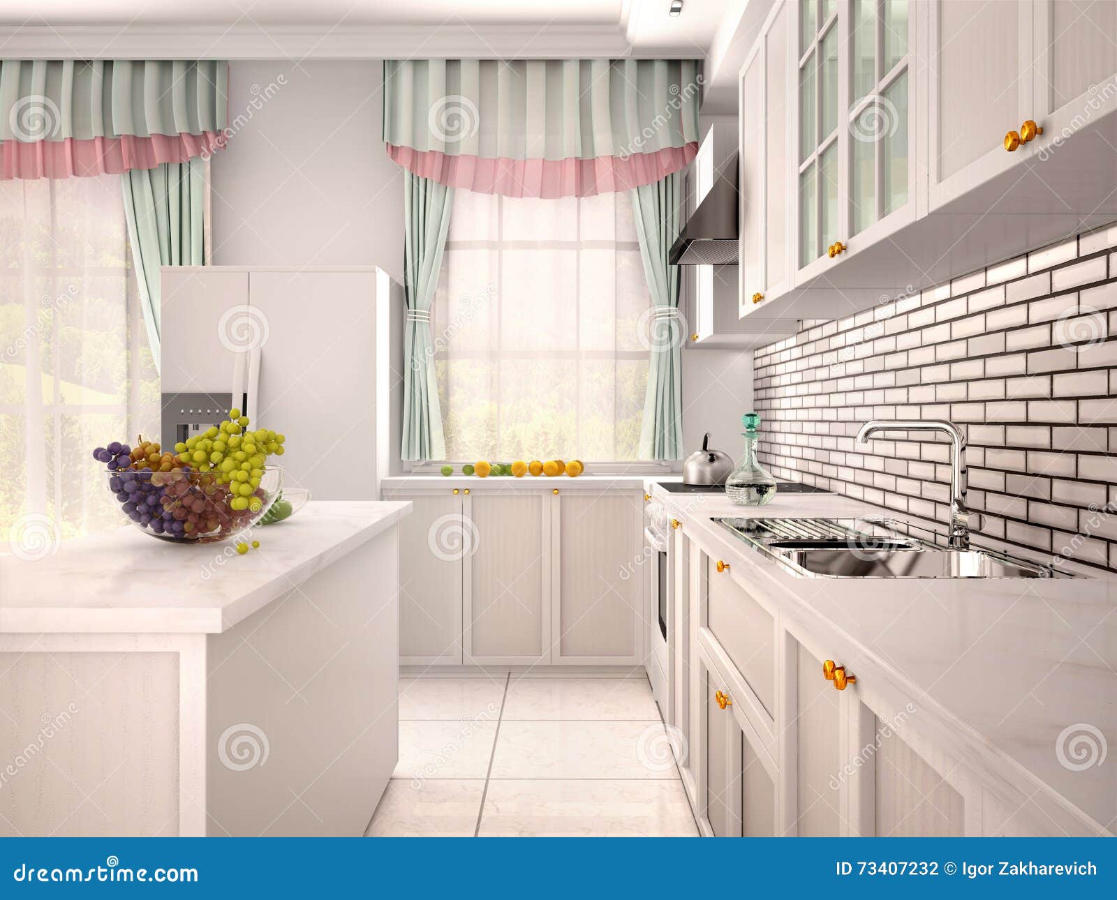 Pure White Kitchen with Fruit on the Table. Stock Illustration ...