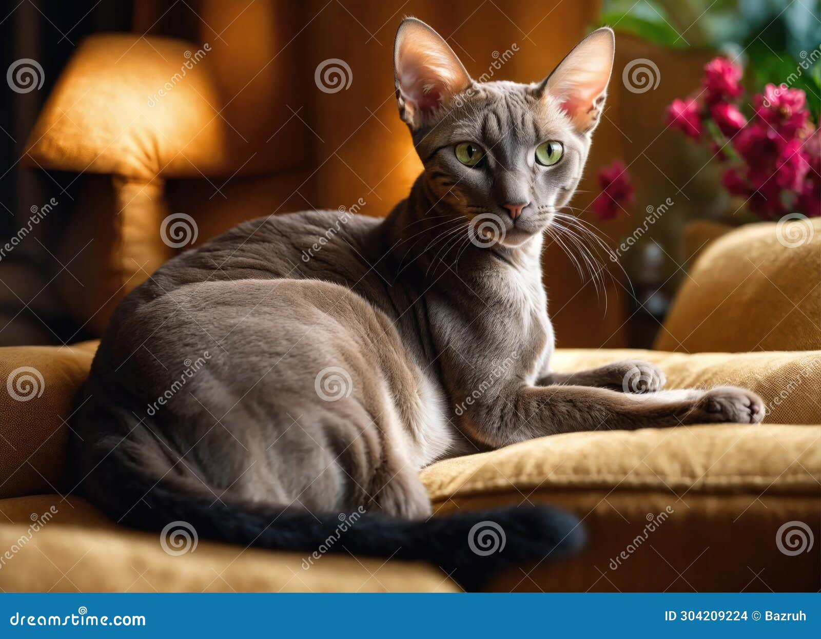Portrait Of Cat Peterbald In Profile On Black Matte Background. Empty ...