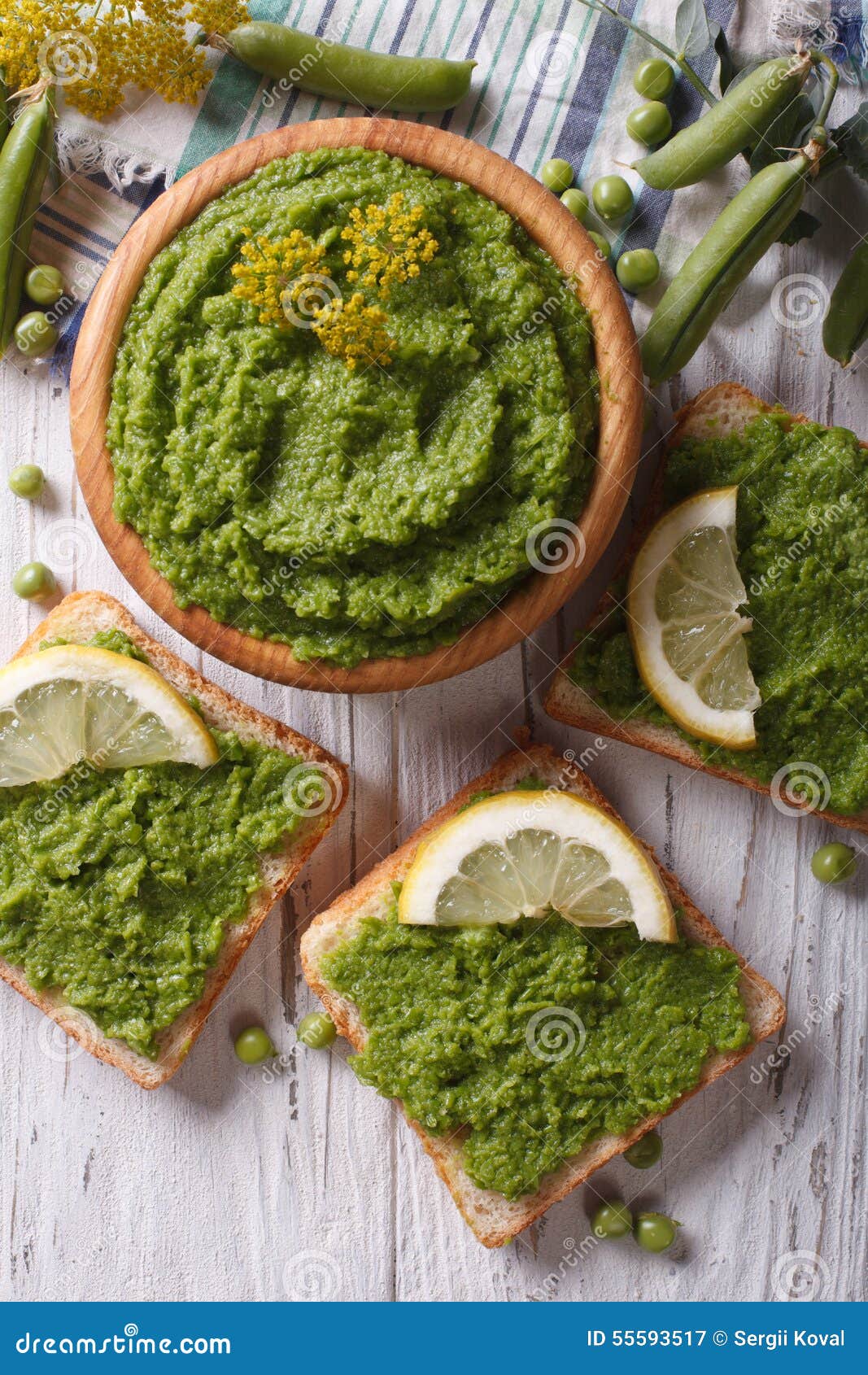 Puree of Fresh Peas and Sandwiches Close-up. Vertical Top View Stock ...