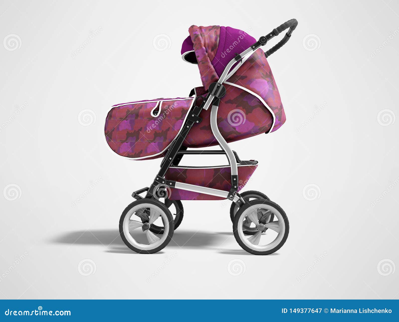 Purple Baby Stroller Isolated Left View 3d Render on Gray Background ...