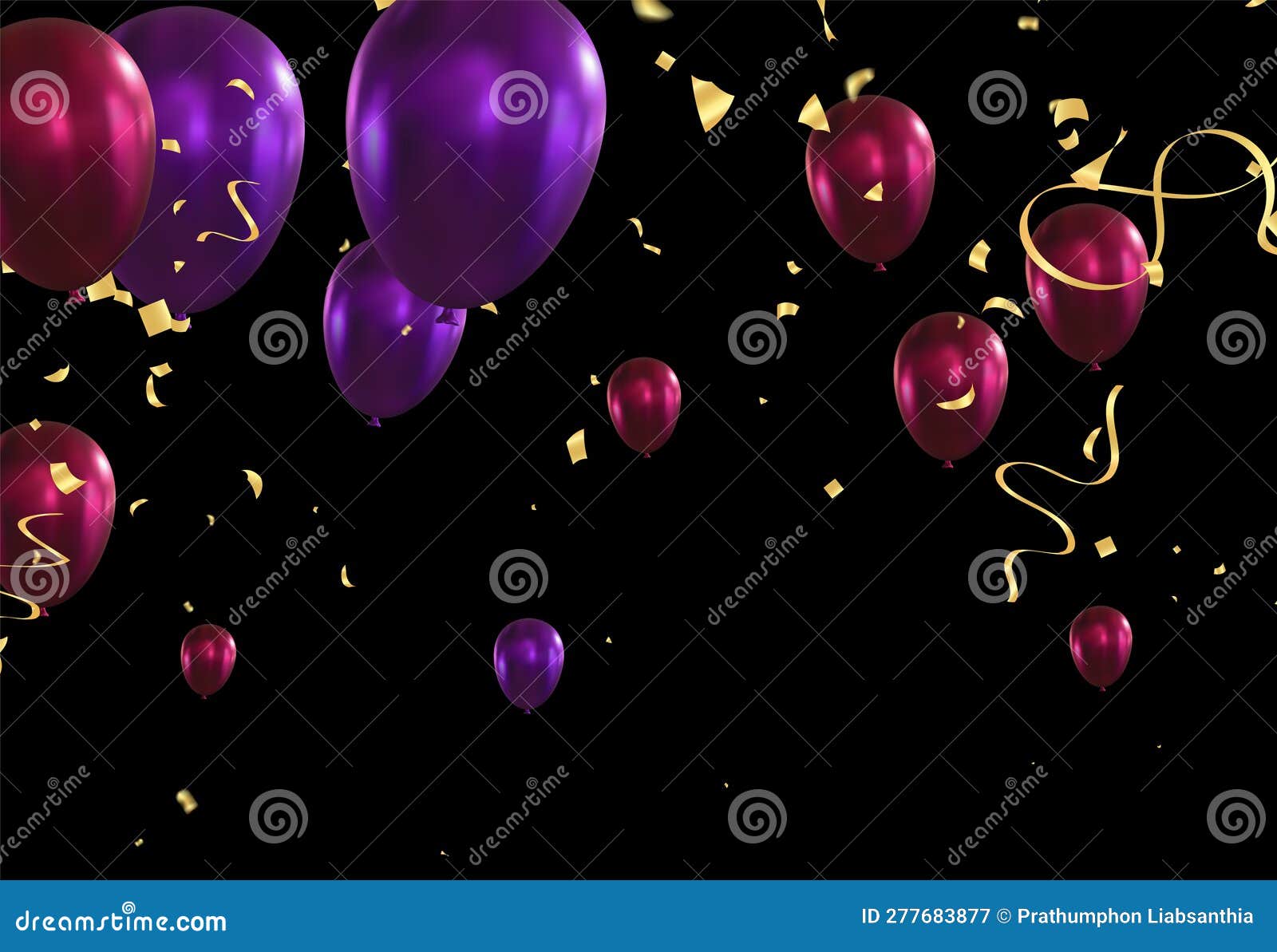 Purple Balloons and Confetti on Black Background. Vector Illustration ...