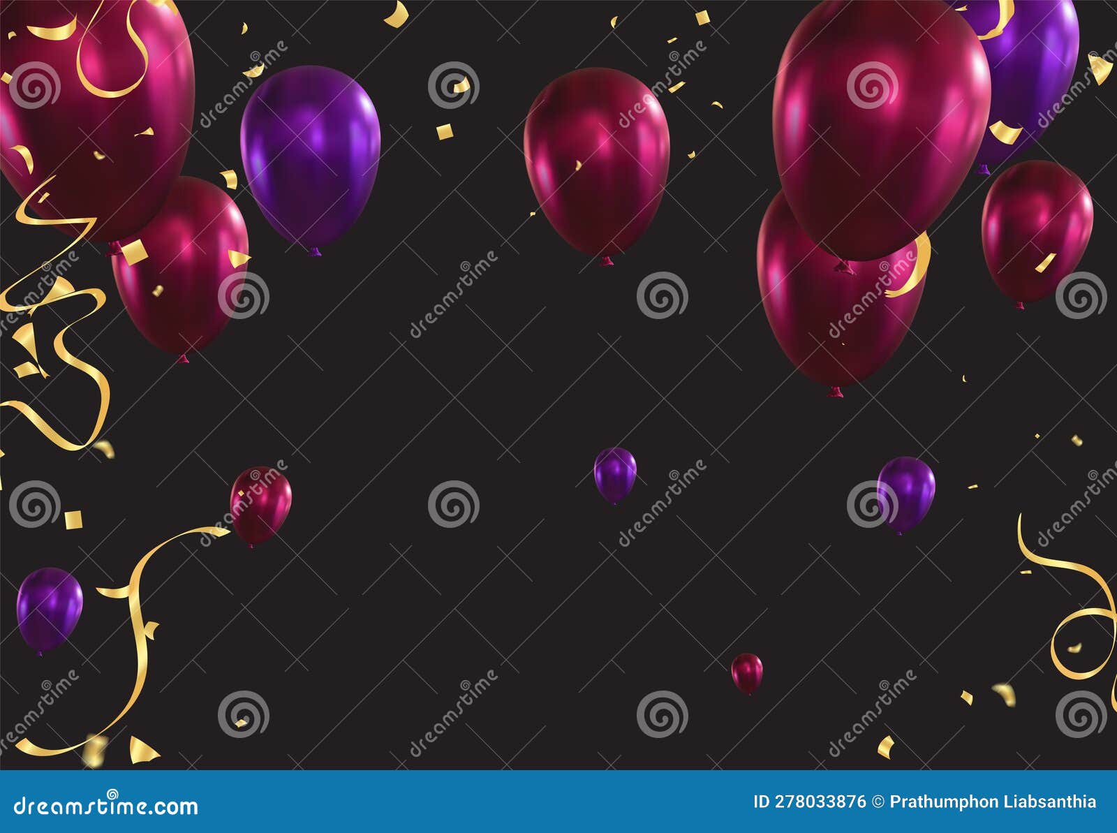 Purple Balloons and Confetti on Black Background. Vector Illustration ...
