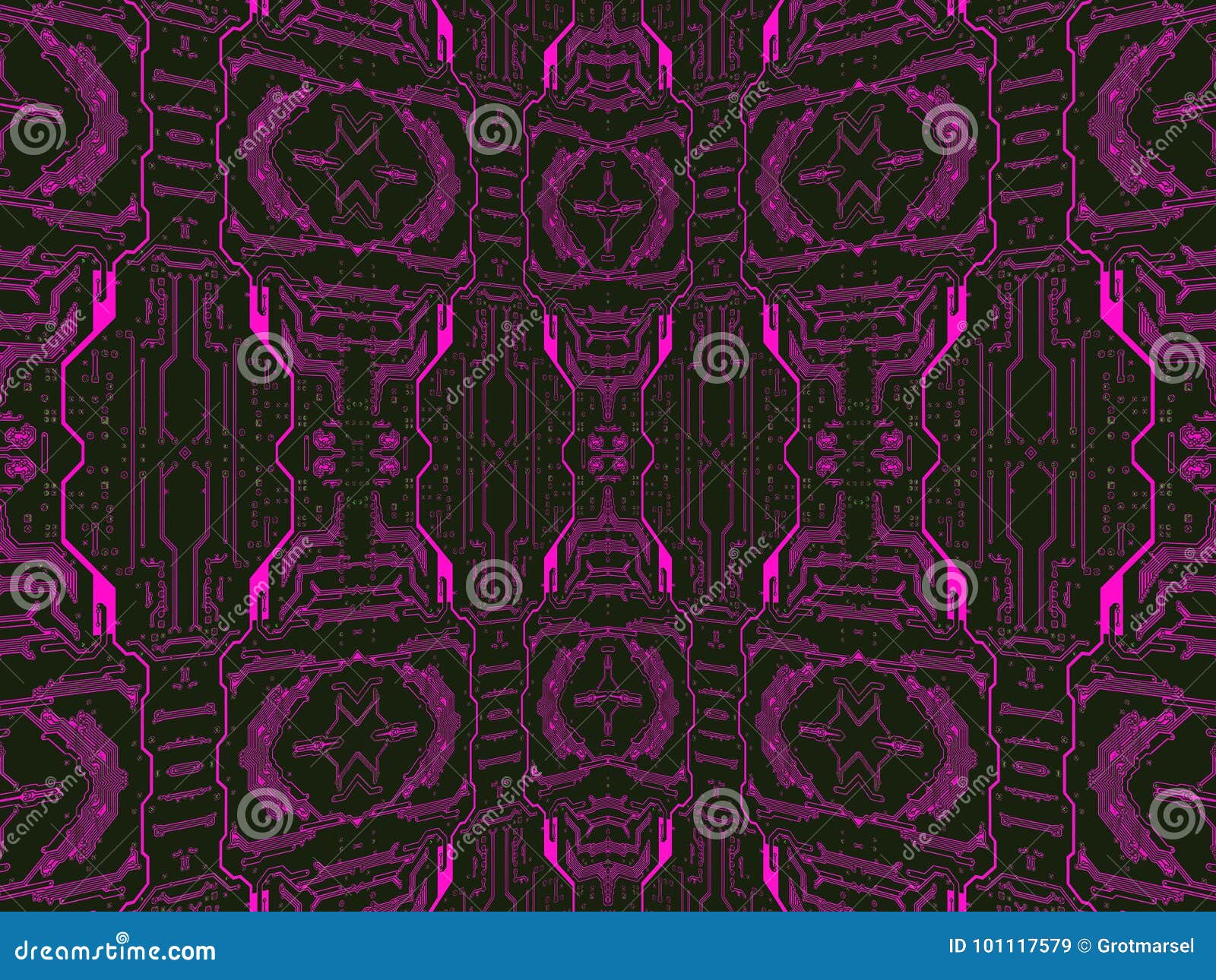 Purple on Black Circuit Board.Symmetrical Technology Background. Stock ...