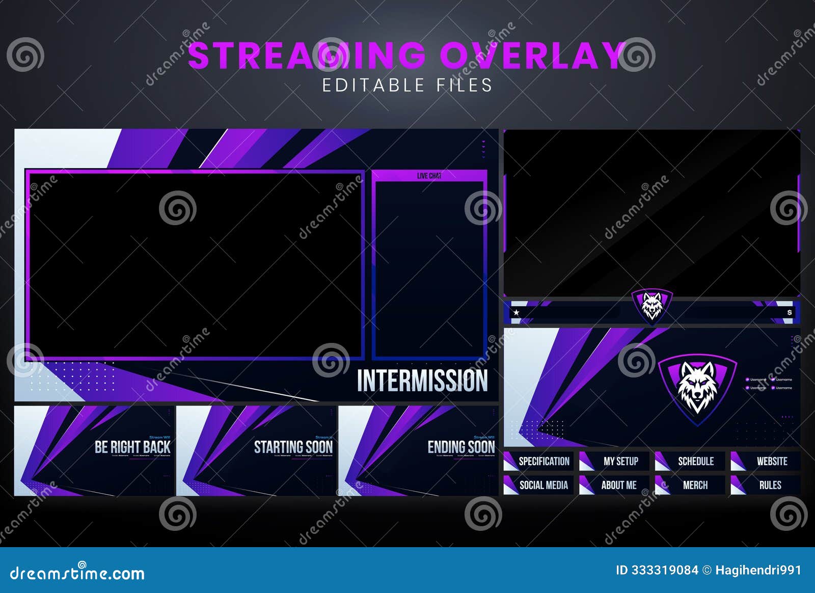 Purple and Black Twitch Stream Overlay Template with Wolf Logo Stock ...