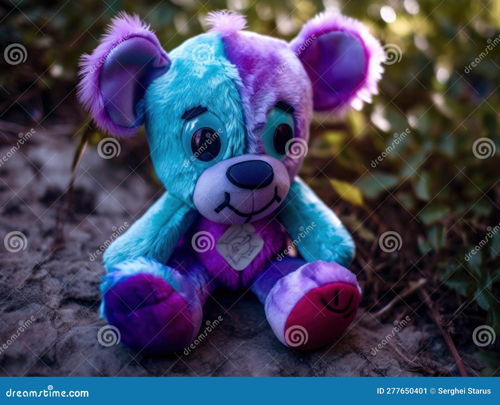 A Purple And Blue Teddy Bear Sitting On A Rock Generative Ai Image Stock Illustration