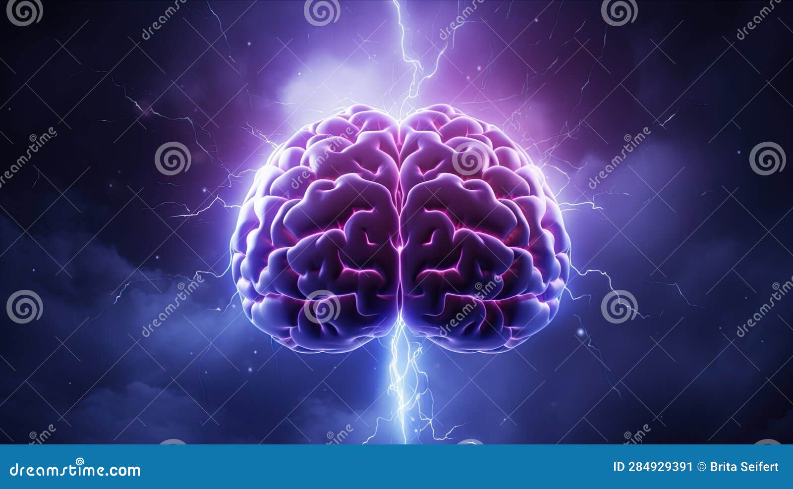 Purple Brain, Storm Lightning Around the Brain. Generative AI Stock ...