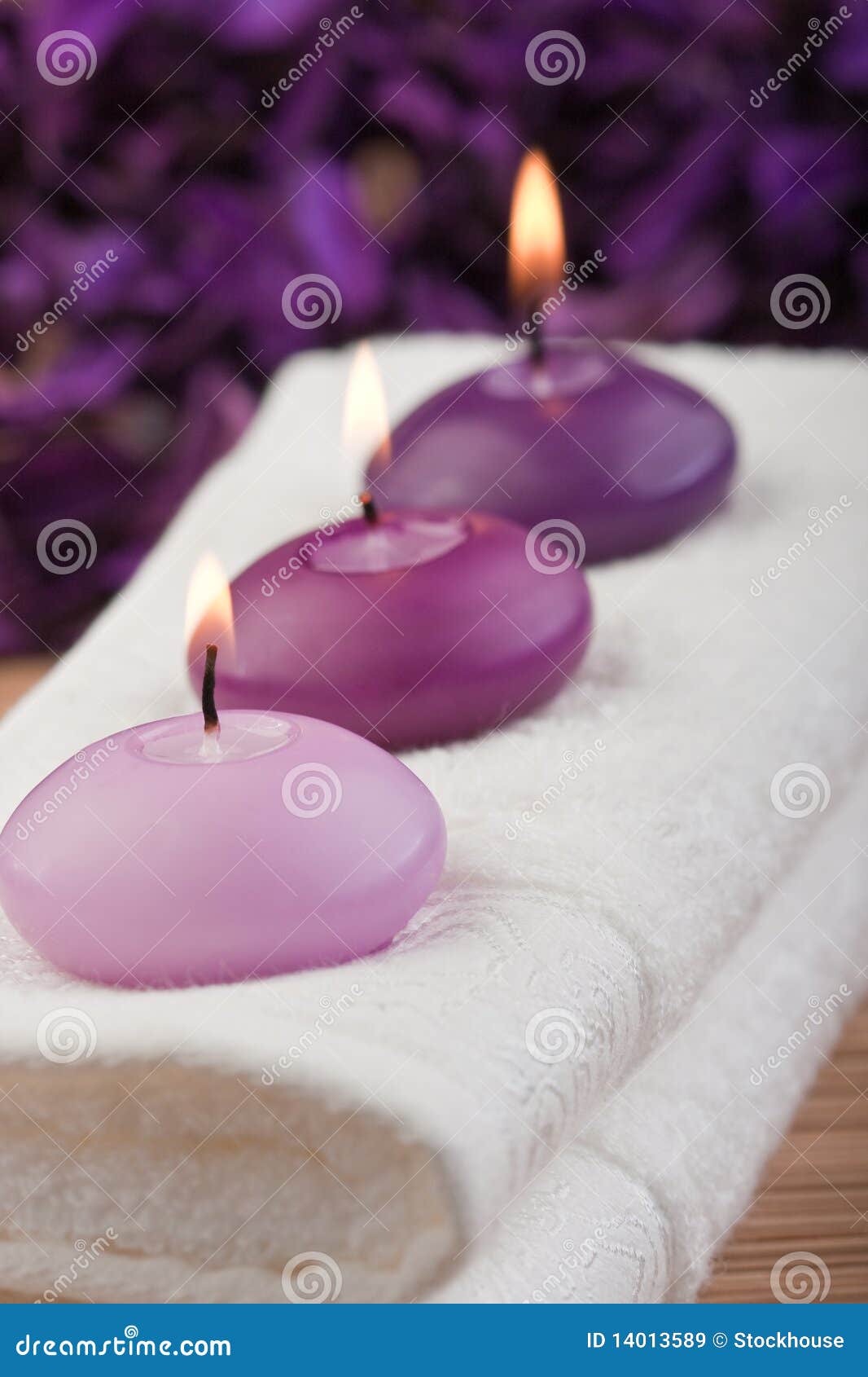 Purple Candles on Massage Towel (2) Stock Image - Image of soft, relax ...