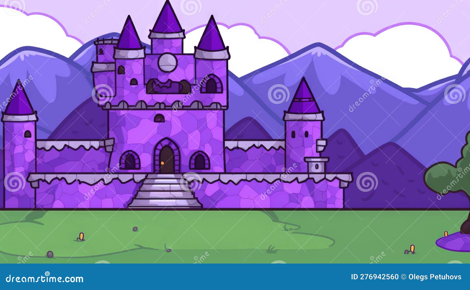 A Purple Castle with a Tree and Mountains in the Background Stock ...