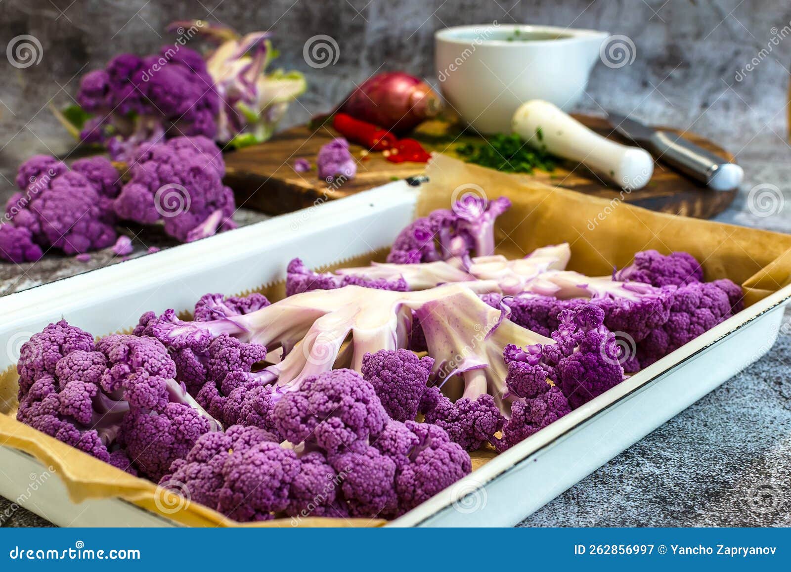 Purple Cauliflower in a White Baking Dish in the Oven Stock Image ...